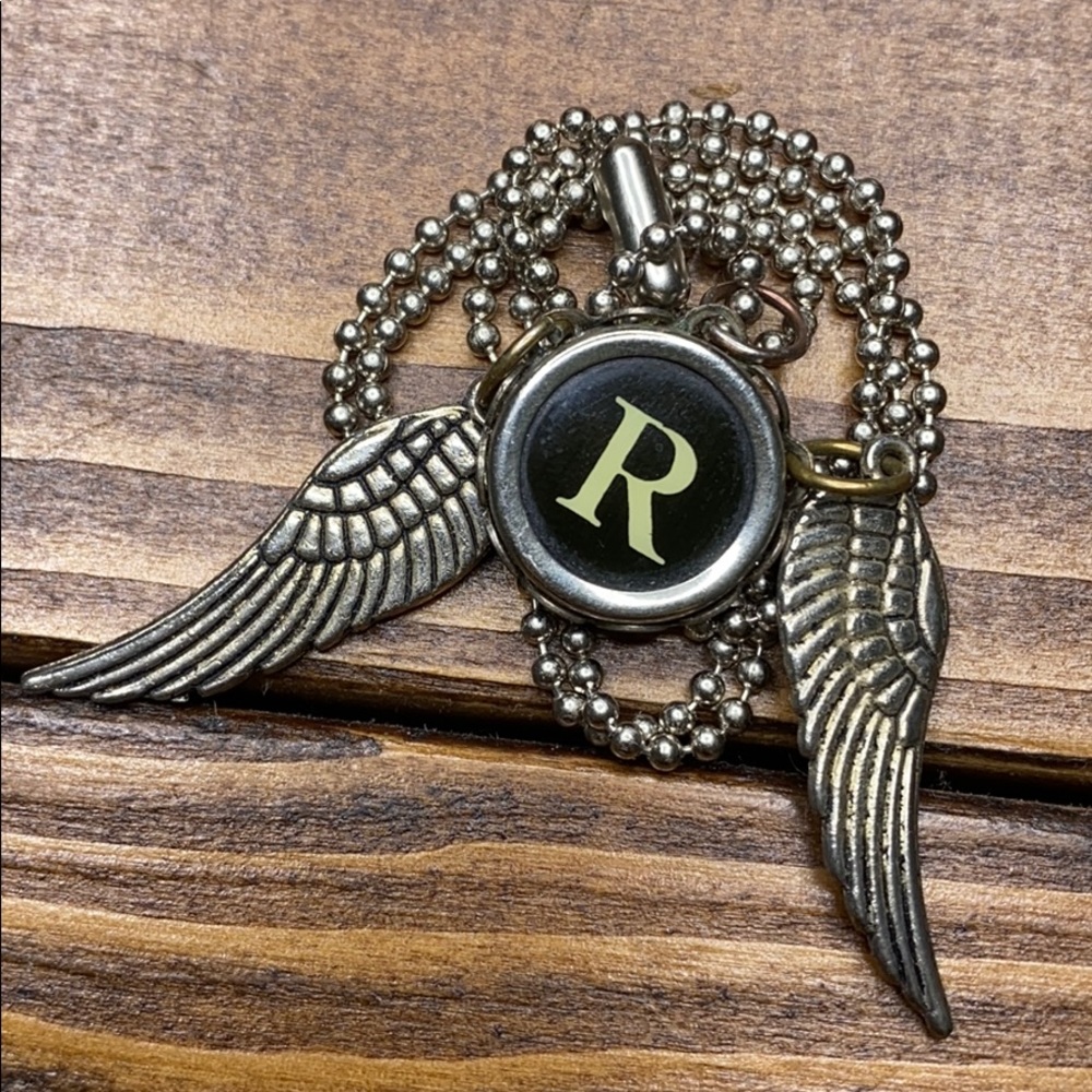 Vintage Typewriter Key Letter R Wing Necklace - Gem